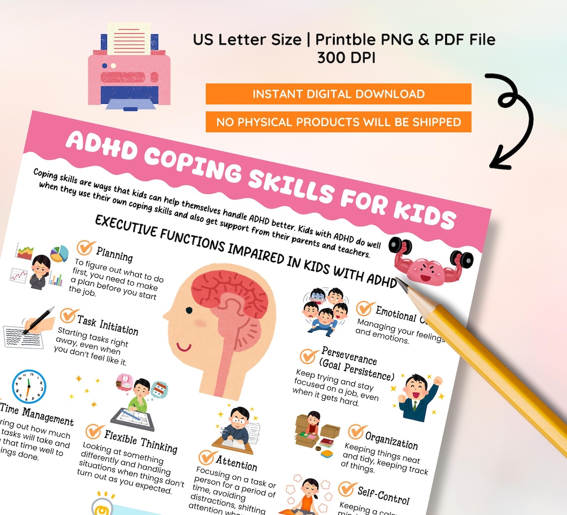 ADHD Coping Skills for Kids Handout, Executive Function Strategies, Therapy Resources, Grounding ...