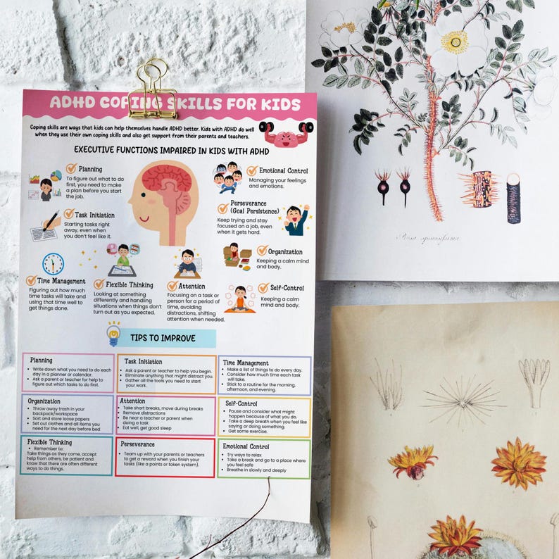 ADHD Coping Skills for Kids Handout, Executive Function Strategies, Therapy Resources, Grounding ...