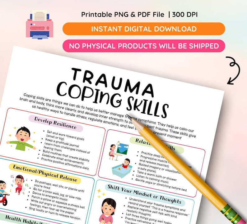 Trauma Coping Skills Chart: PTSD Recovery, Therapy Handout (PDF & PNG ...