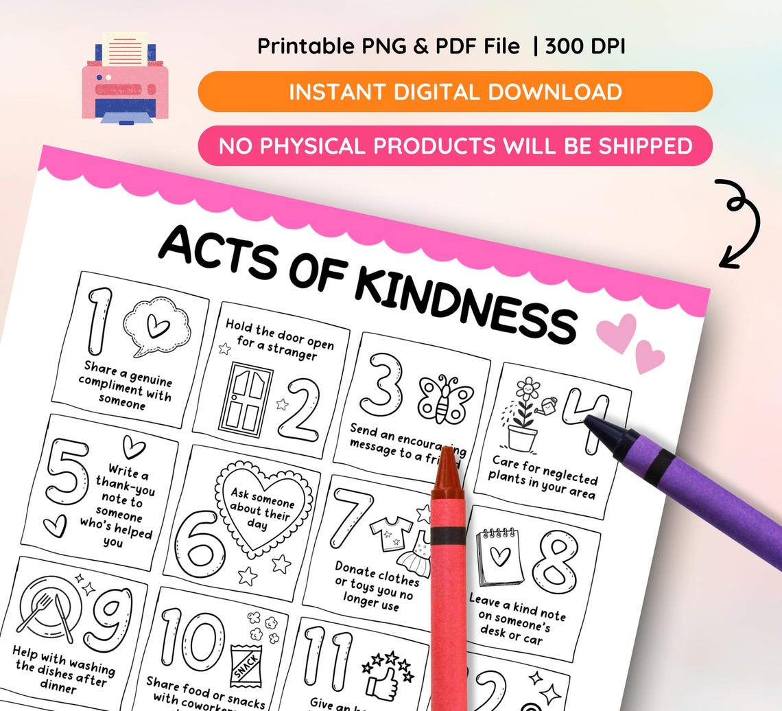 Acts of Kindness Worksheet: Kids Gratitude Journal (digital Download ...