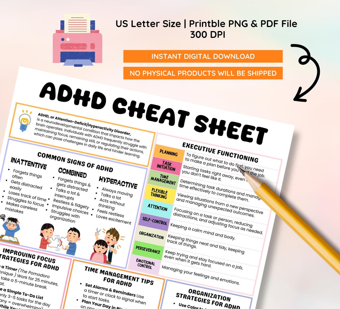 ADHD Cheat Sheet Handout, Coping Skills Tools, Therapy Resources, ADHD ...