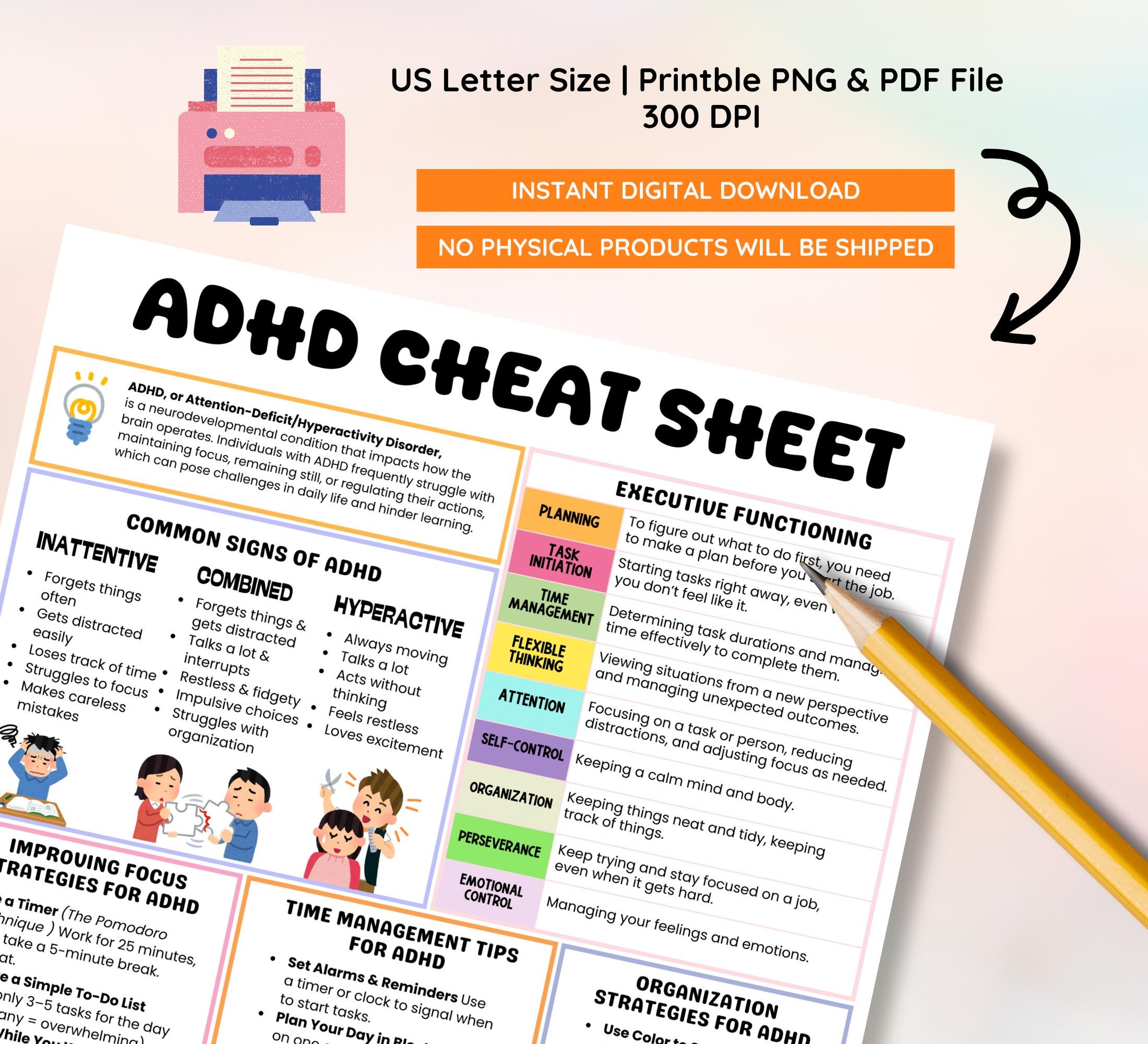 ADHD Cheat Sheet Handout, Coping Skills Tools, Therapy Resources, ADHD ...