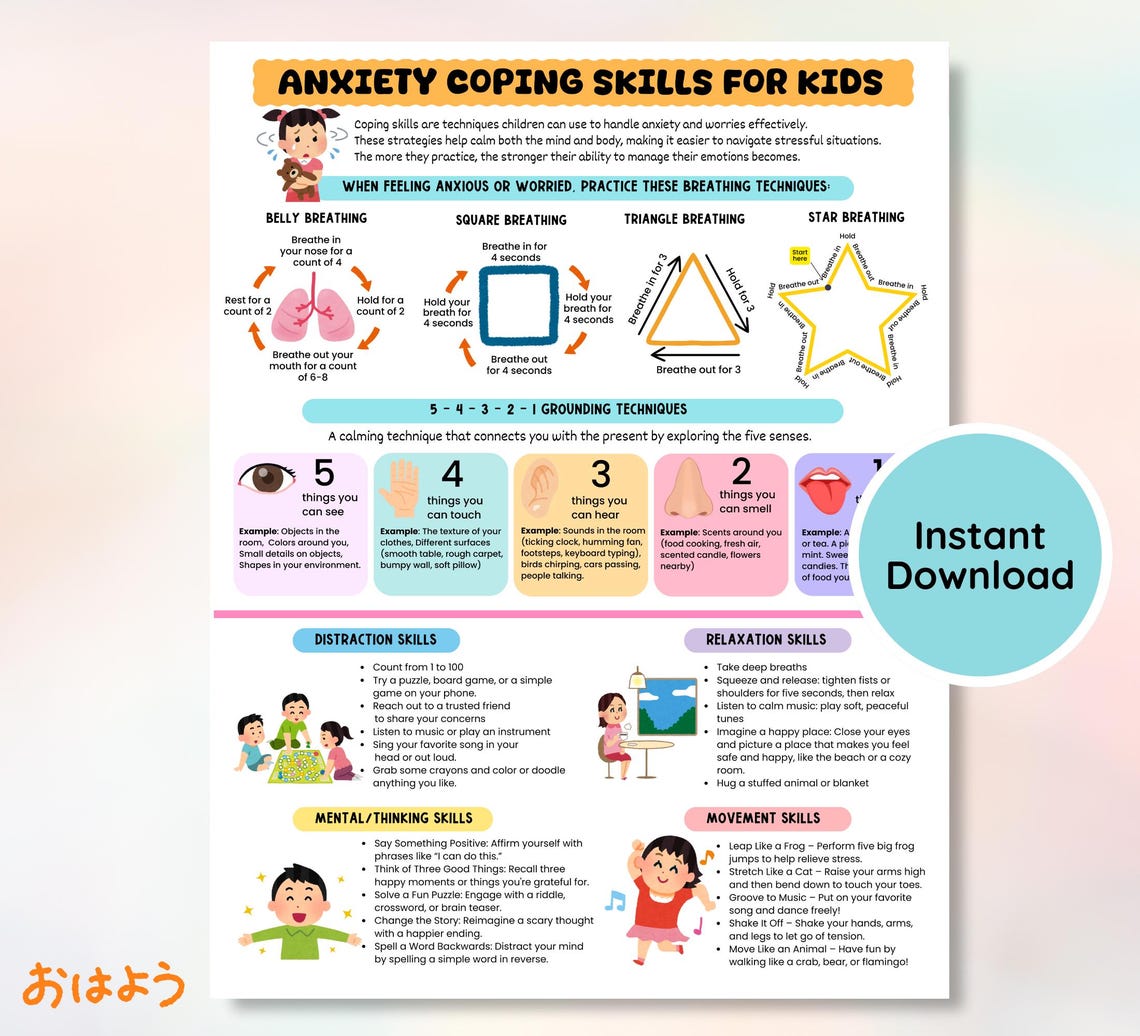 Anxiety Coping Skills for Kids Handout, Anxiety Relief, Breathing ...