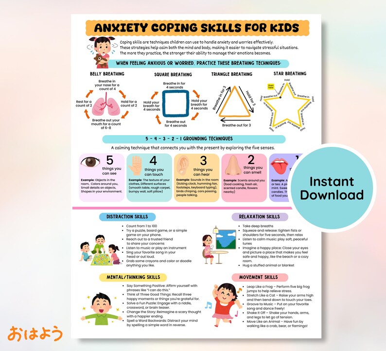 Anxiety Coping Skills for Kids Handout, Anxiety Relief, Breathing ...
