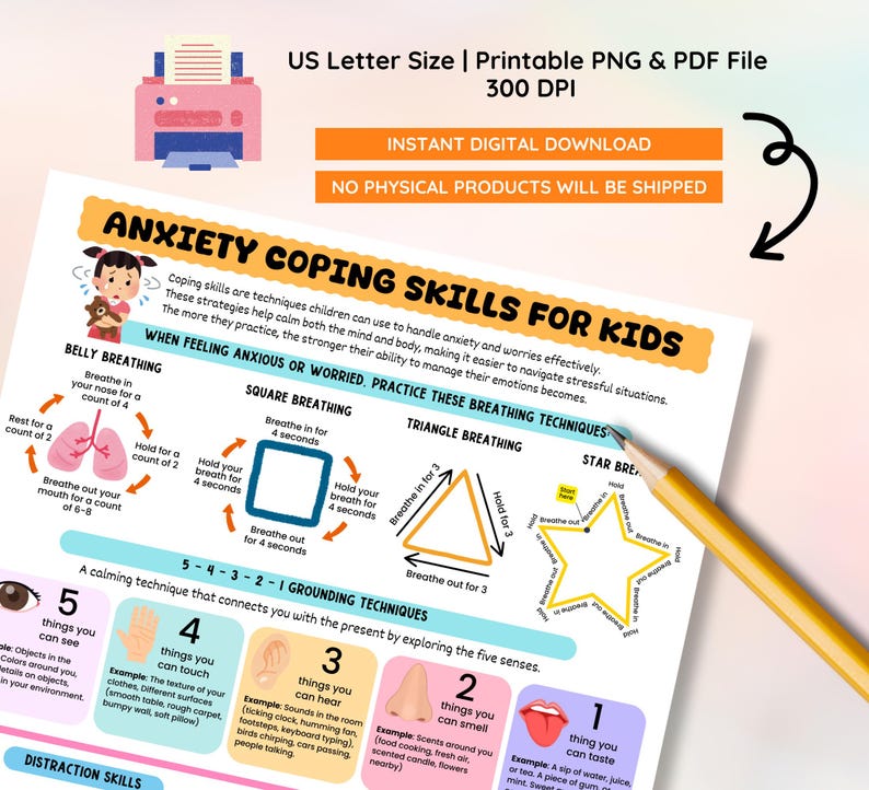 Anxiety Coping Skills for Kids Handout, Anxiety Relief, Breathing ...