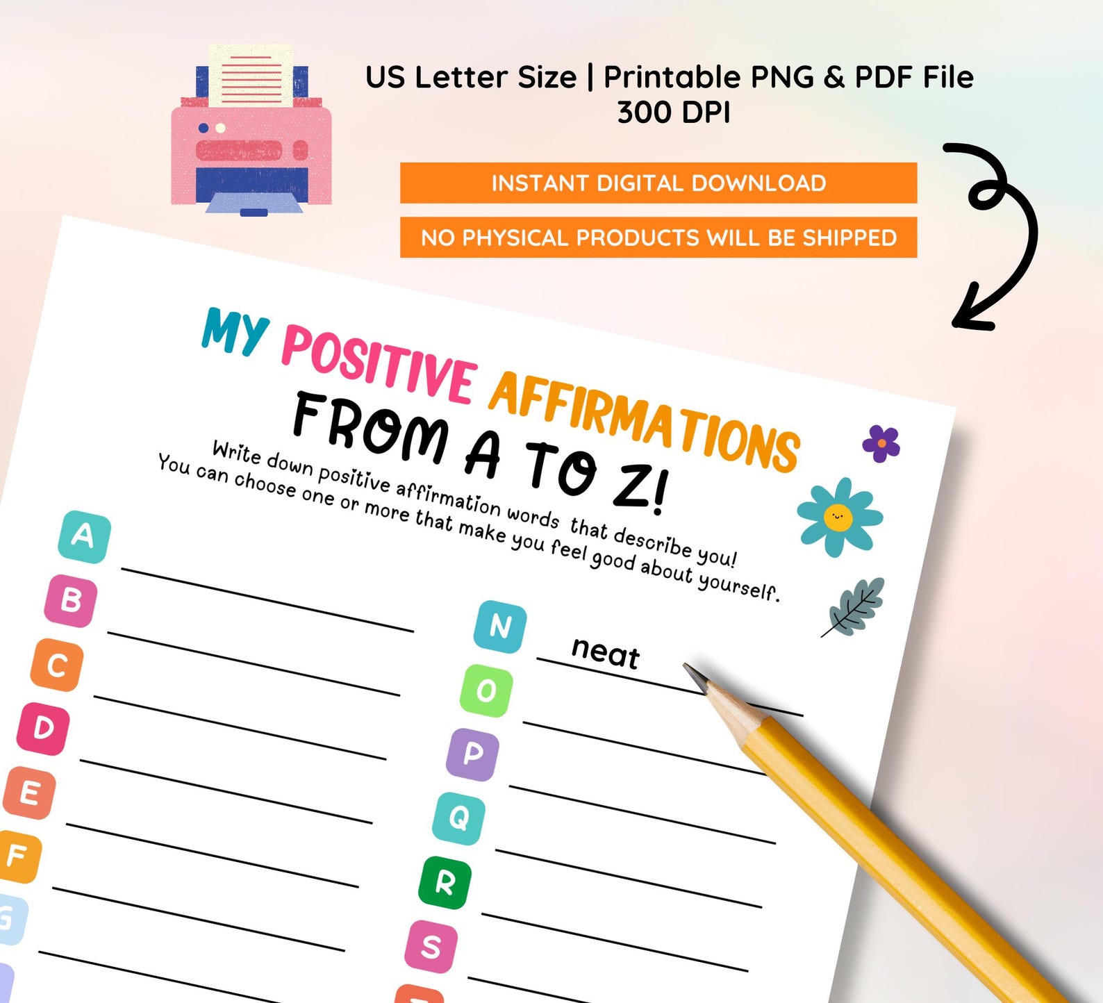 A to Z Positive Affirmations Worksheet, Affirming Words, Daily ...