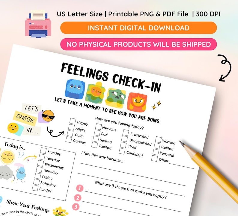 Feelings Check-in Worksheet: Social Emotional Learning, Self Regulation ...