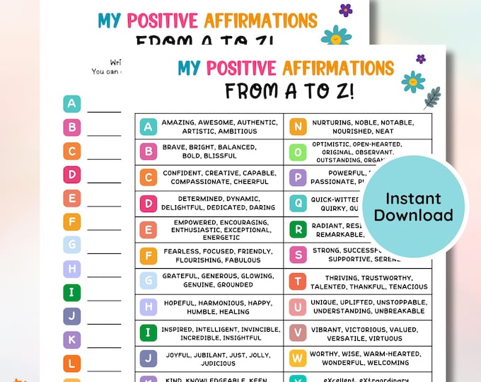 A to Z Positive Affirmations Worksheet, Affirming Words, Daily ...