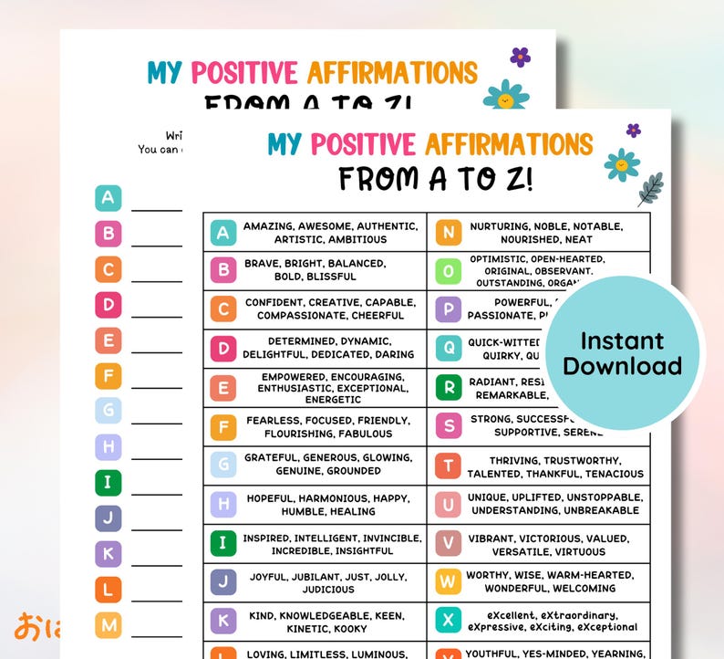 A to Z Positive Affirmations Worksheet, Affirming Words, Daily ...