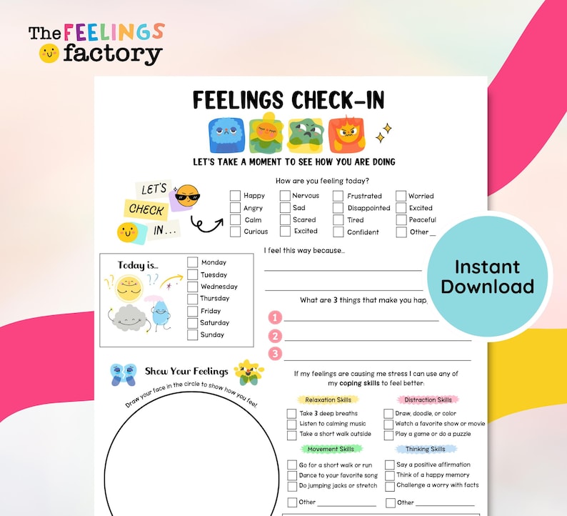 Feelings Check-in Worksheet: Social Emotional Learning, Self Regulation ...