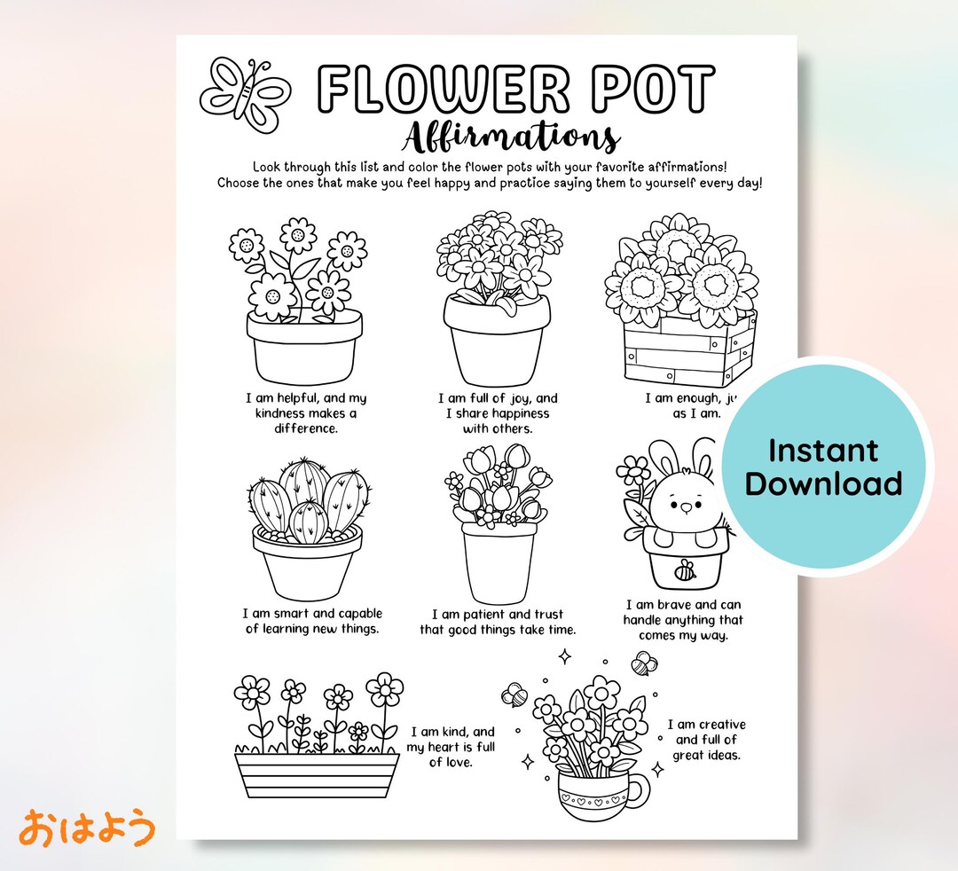 Flower Pot Affirmation Coloring Page, Self-compassion Worksheet ...