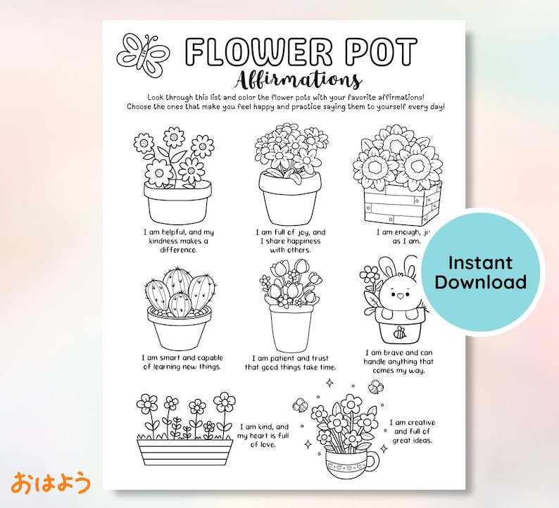 Flower Pot Affirmation Coloring Page, Self-compassion Worksheet ...