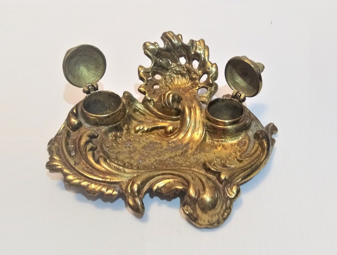 Antique French Rococo Inkwell Brass Ink, French Art Nouveau Brass ...