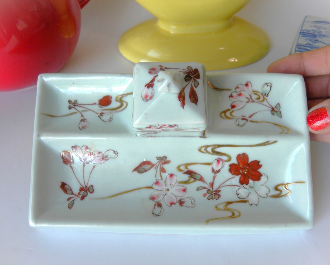 Chinoiserie Porcelain Ink Stand Hand Painted Porcelain Inkwell, Inkwell ...