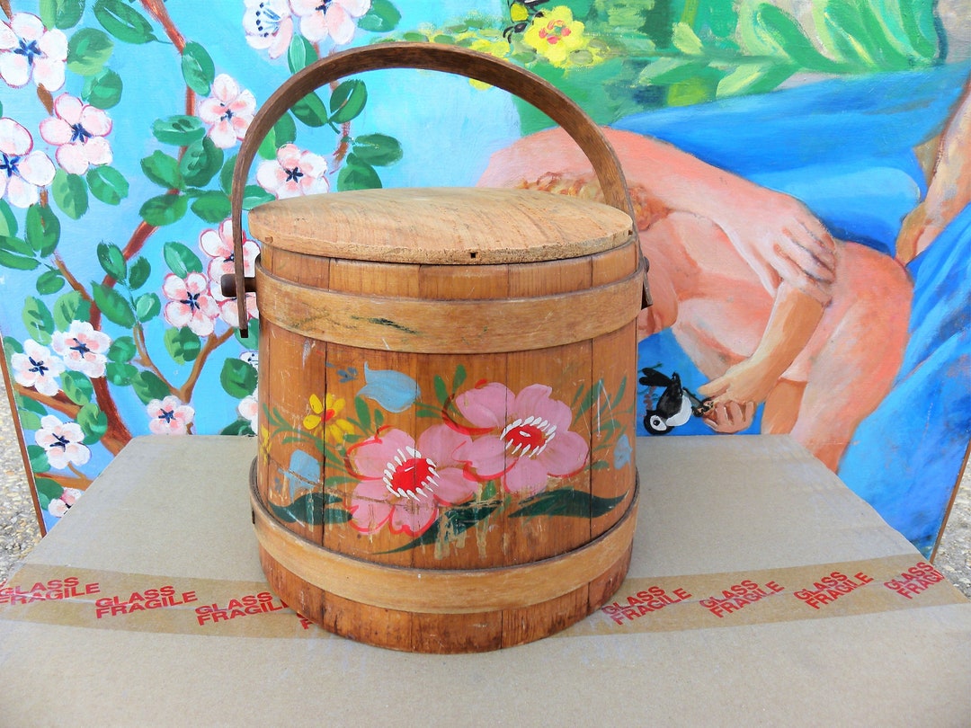Wooden Firkin Bucket Tole Hand Painted Folk Art Container With Lid ...