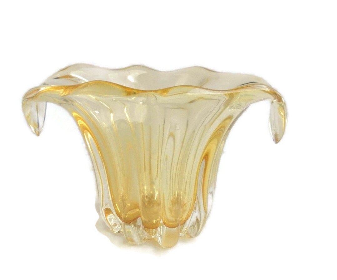 Murano Scallop Glass Vase: Ribbed Yellow Art Glass Bowl, Made in Italy ...
