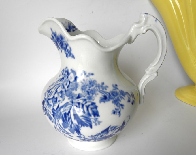 Antique Blue and White Ironstone Pitcher, Vintage English Country Flo ...
