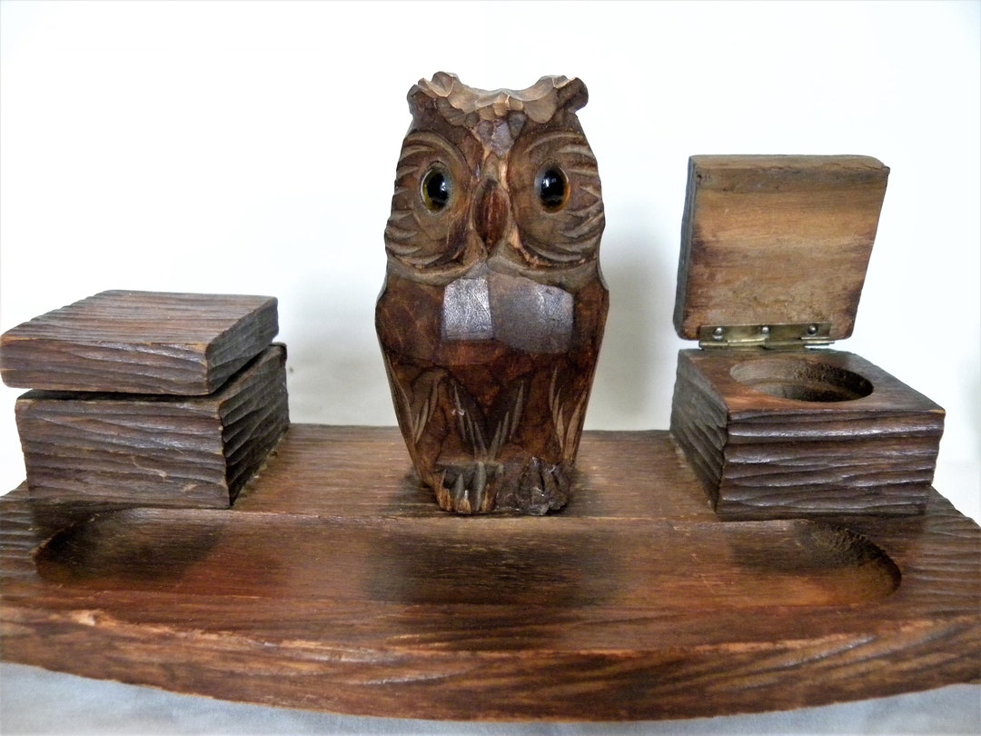 Wood Owl Inkwell With Glass Eyes, Antique Hand Carved Wood Owl Inkwell ...
