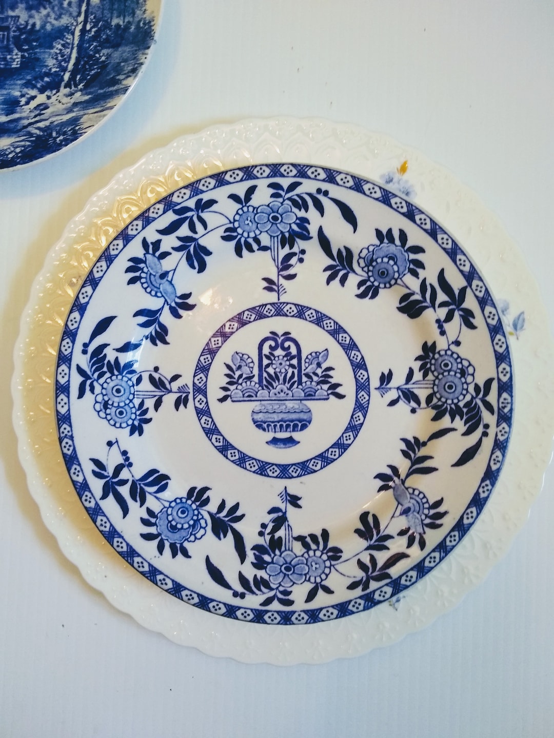 Antique Blue and White Flower Basket Urn Transferware Plate, Delph ...