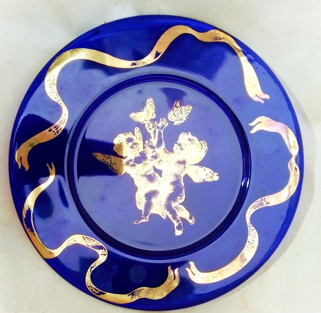 Celestial Cobalt Blue Glass Platter Plate With Gold Foil Cherub Angels ...