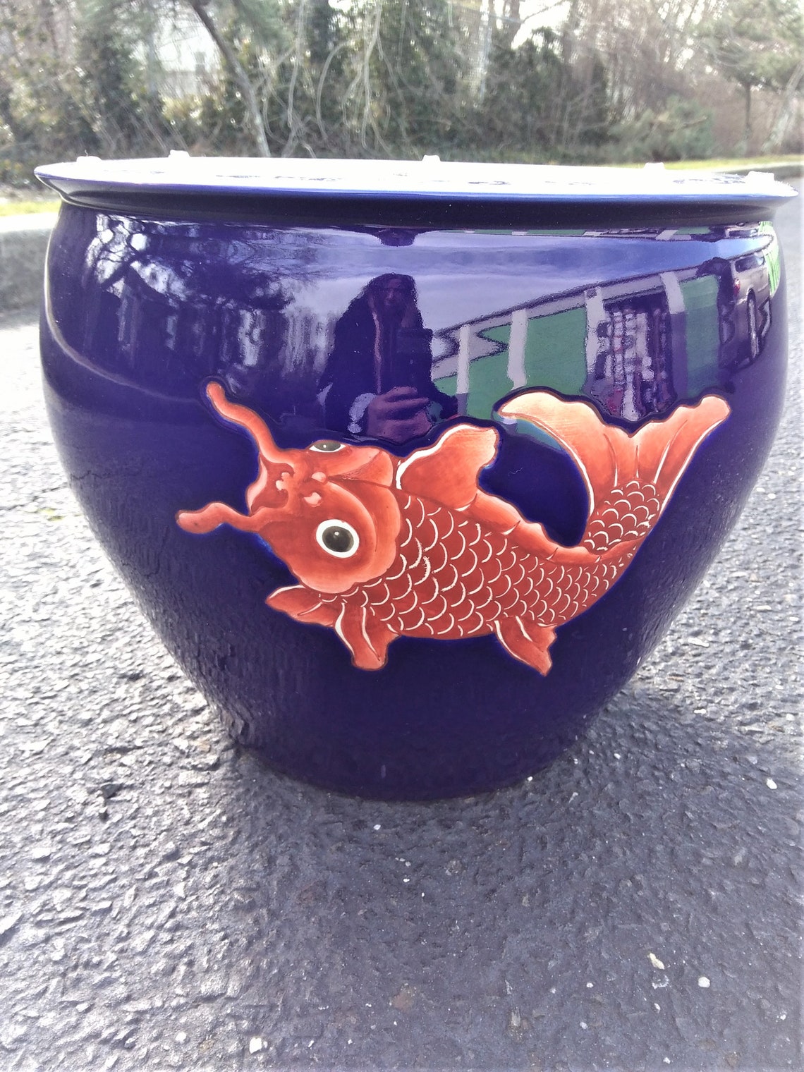 Cobalt Blue Planter Fish Bowl with Orange Koi Fish Planter | Etsy