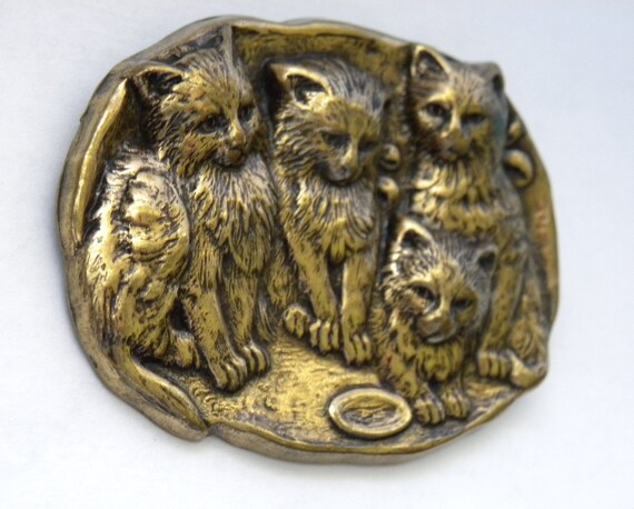 Brass Cat Brooch Vintage 80s Figural Cat Brooch Cat Gem