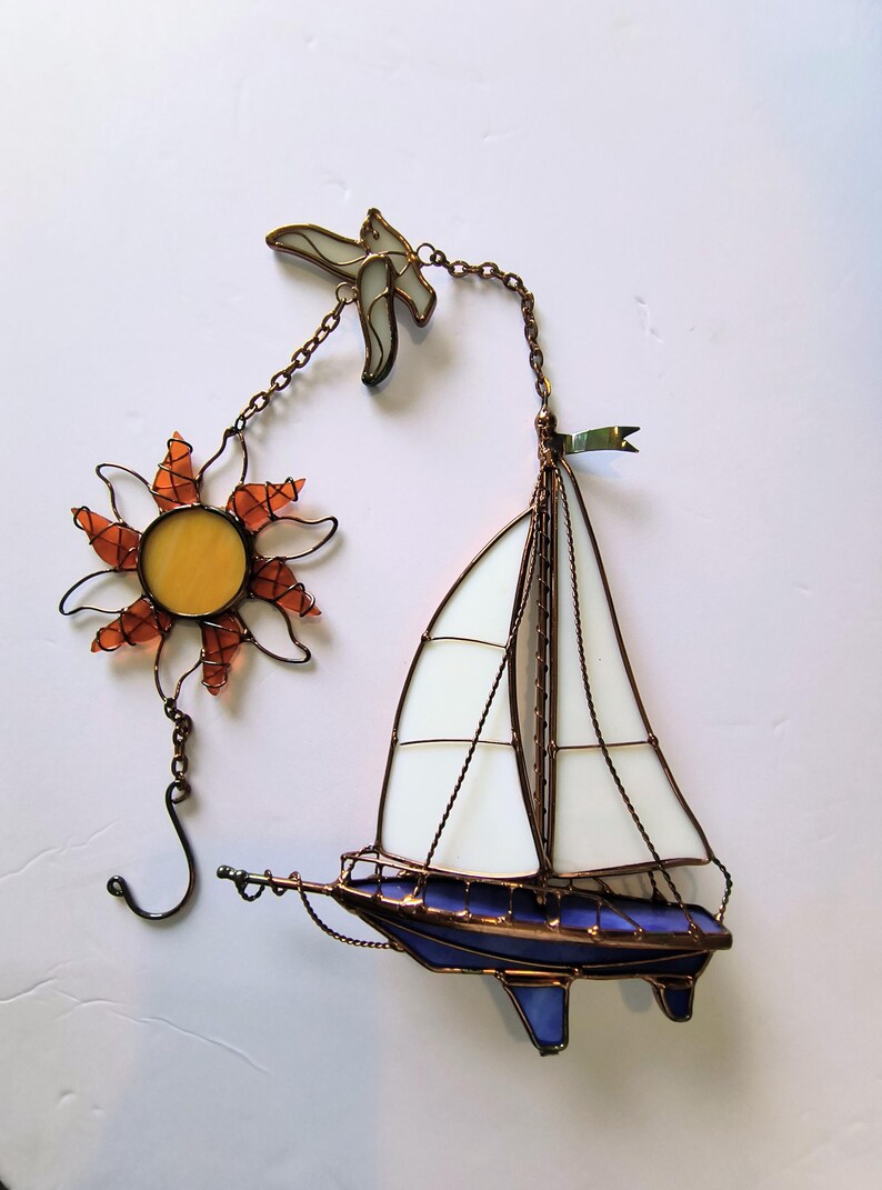 Stained Glass Galleon Ship Boat Suncatcher With Sun Ray and Seagull ...