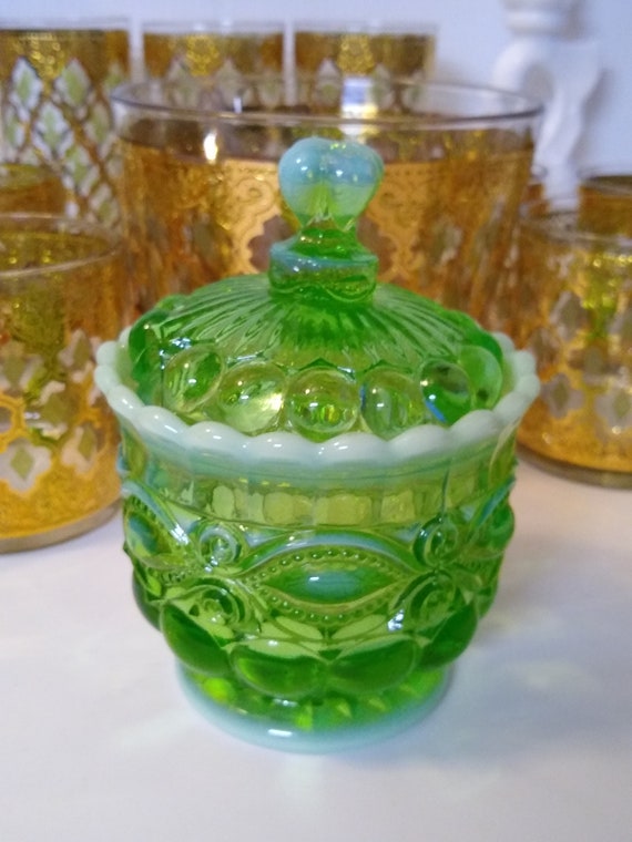 Mosser Green Glass Opalescence Opaline Sugar Jar Eyewinker | Etsy
