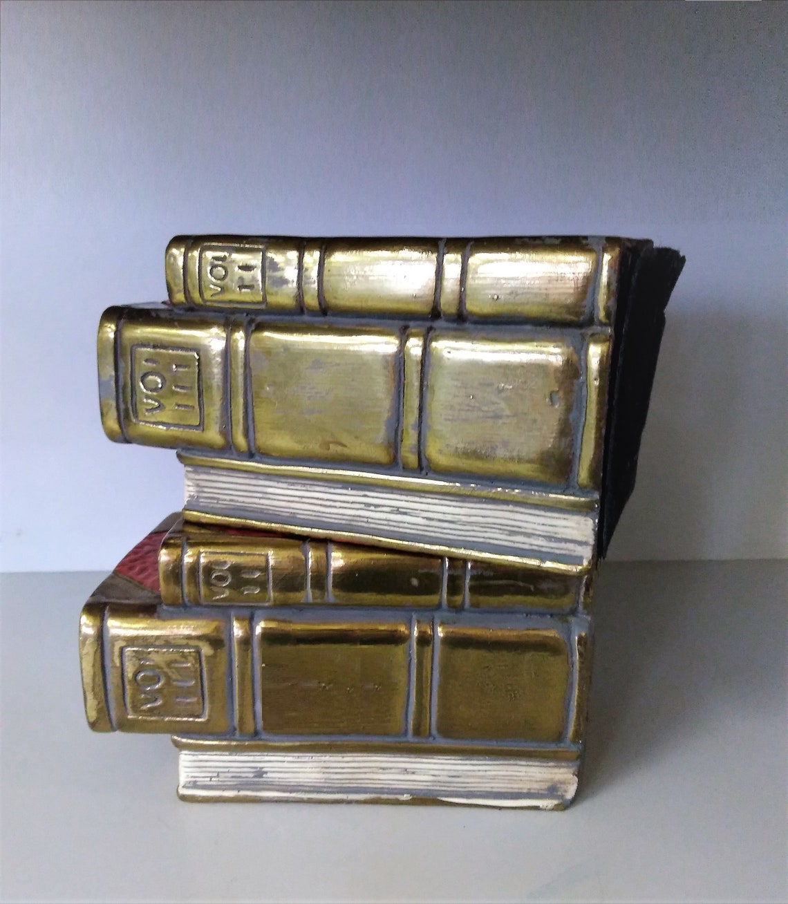 Brass Bookends Stack of Brass Books Bookends With Red Enamel - Etsy