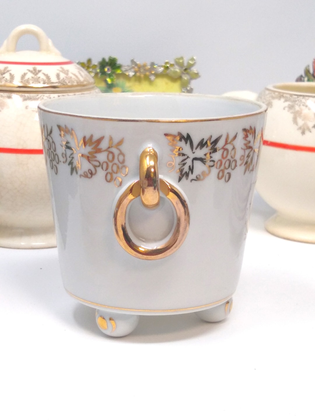 Vintage Footed White Gold Porcelain Cache Flower Pot Planter Japan ...