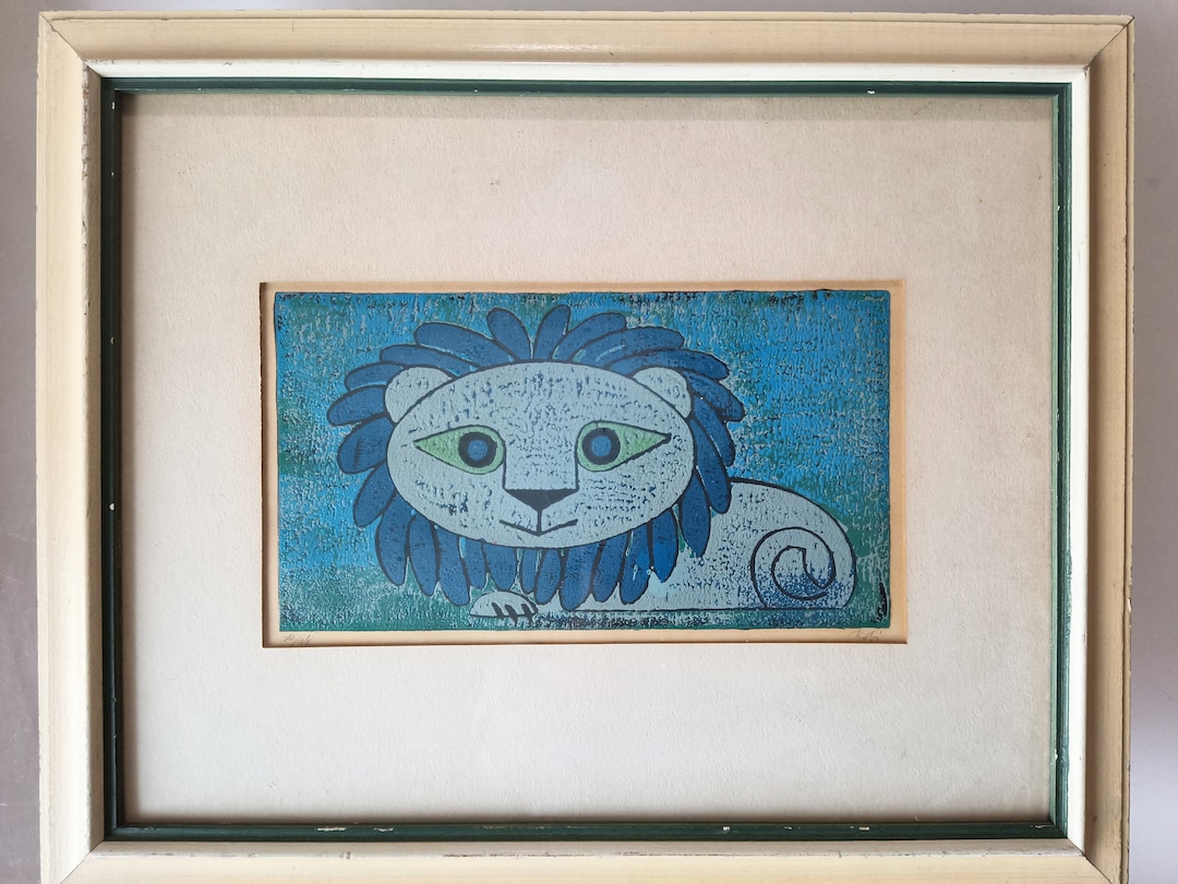 Original Vintage Al Robi Linocut Blue Lion Print 26/28 Mid Century Art ...