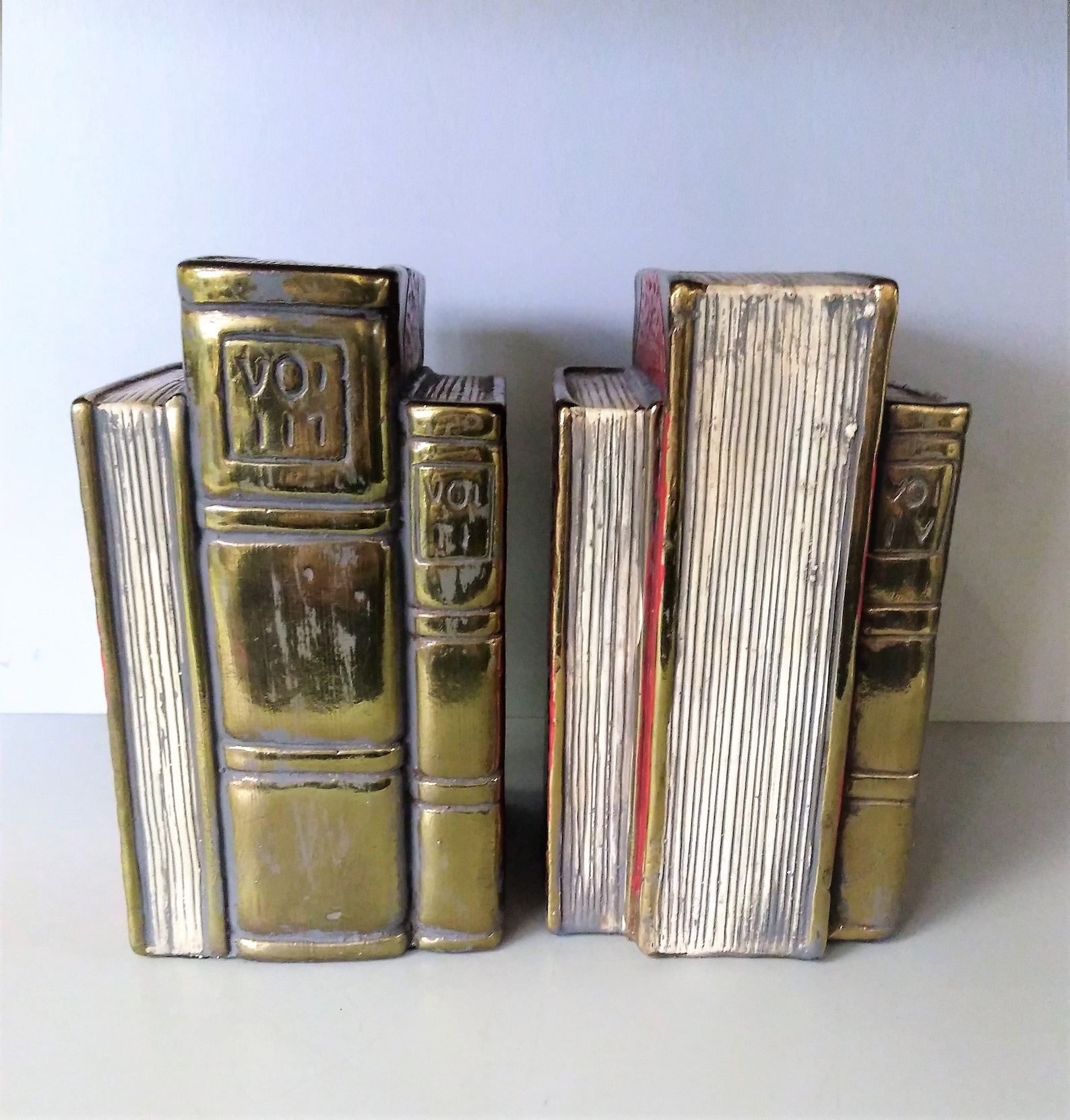 Brass Bookends Stack of Brass Books Bookends With Red Enamel | Etsy