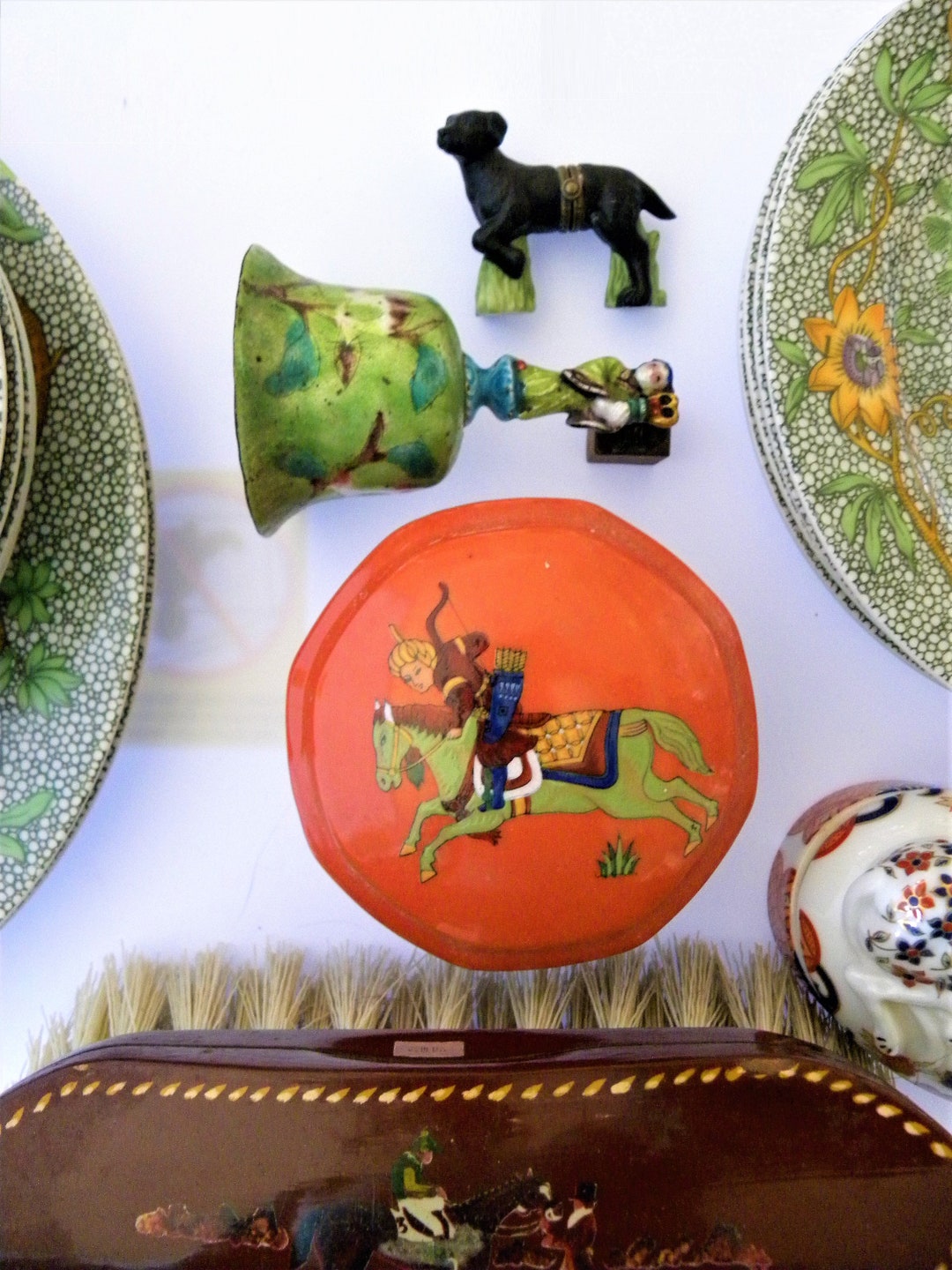 Vintage Porcelain Orange Trinket Box, Miniature Horse Hunting Scene ...