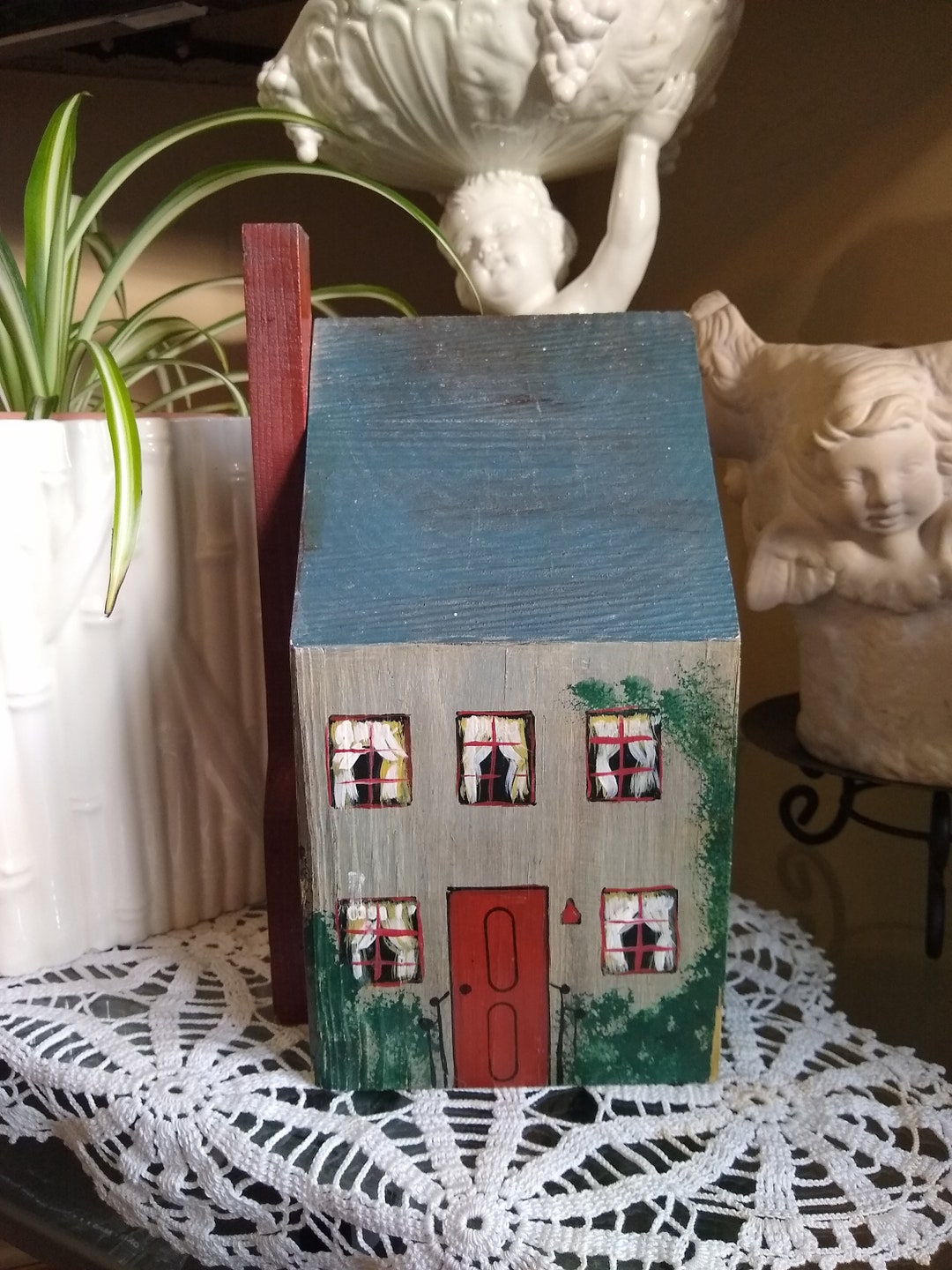 Primitive Wood Block Row House Hand Painted Folk Art Wood House ...