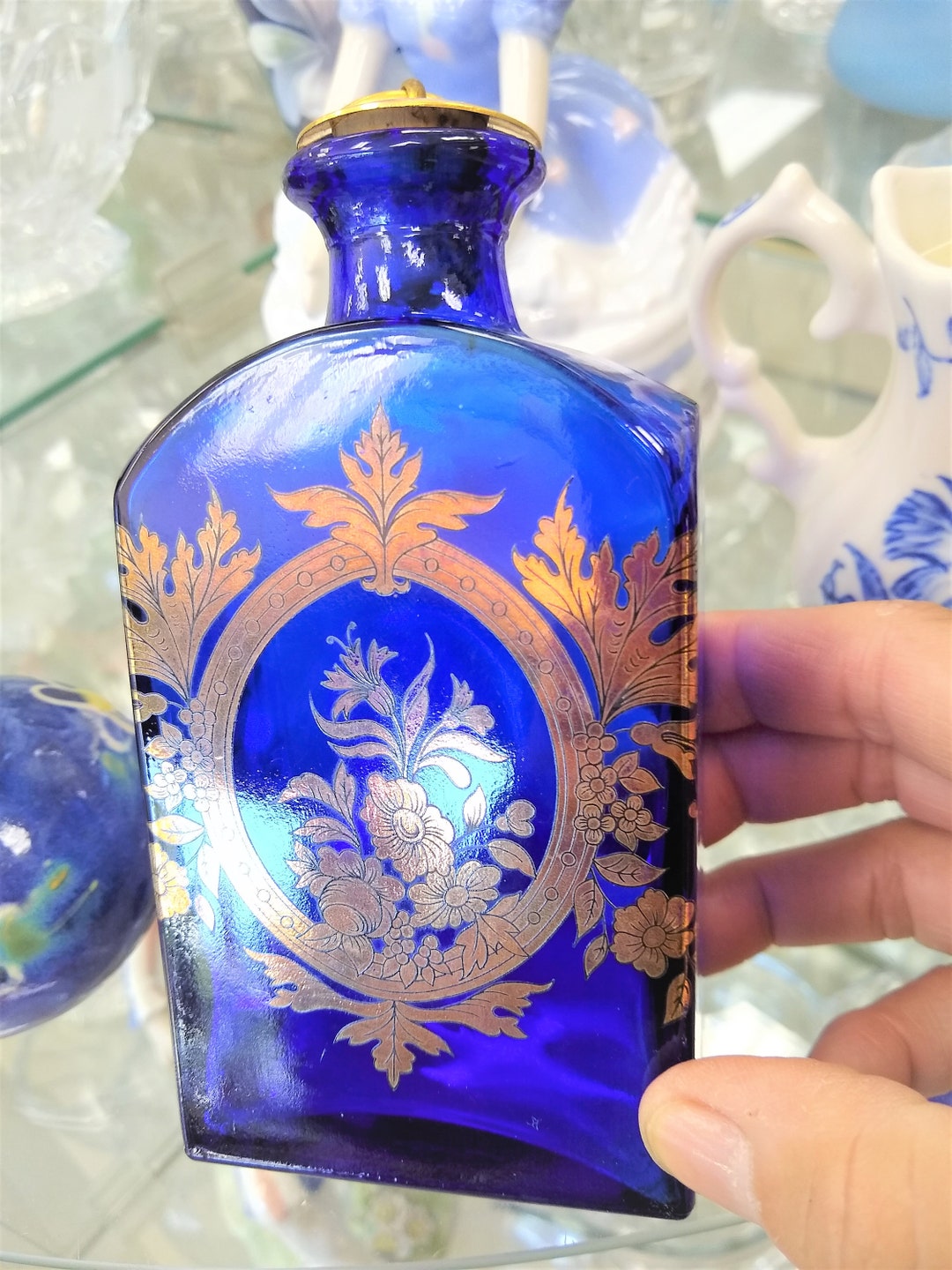 Vintage Cobalt Blue Glass Vanity Bottle With Cork Gold Lid Hand Painted ...