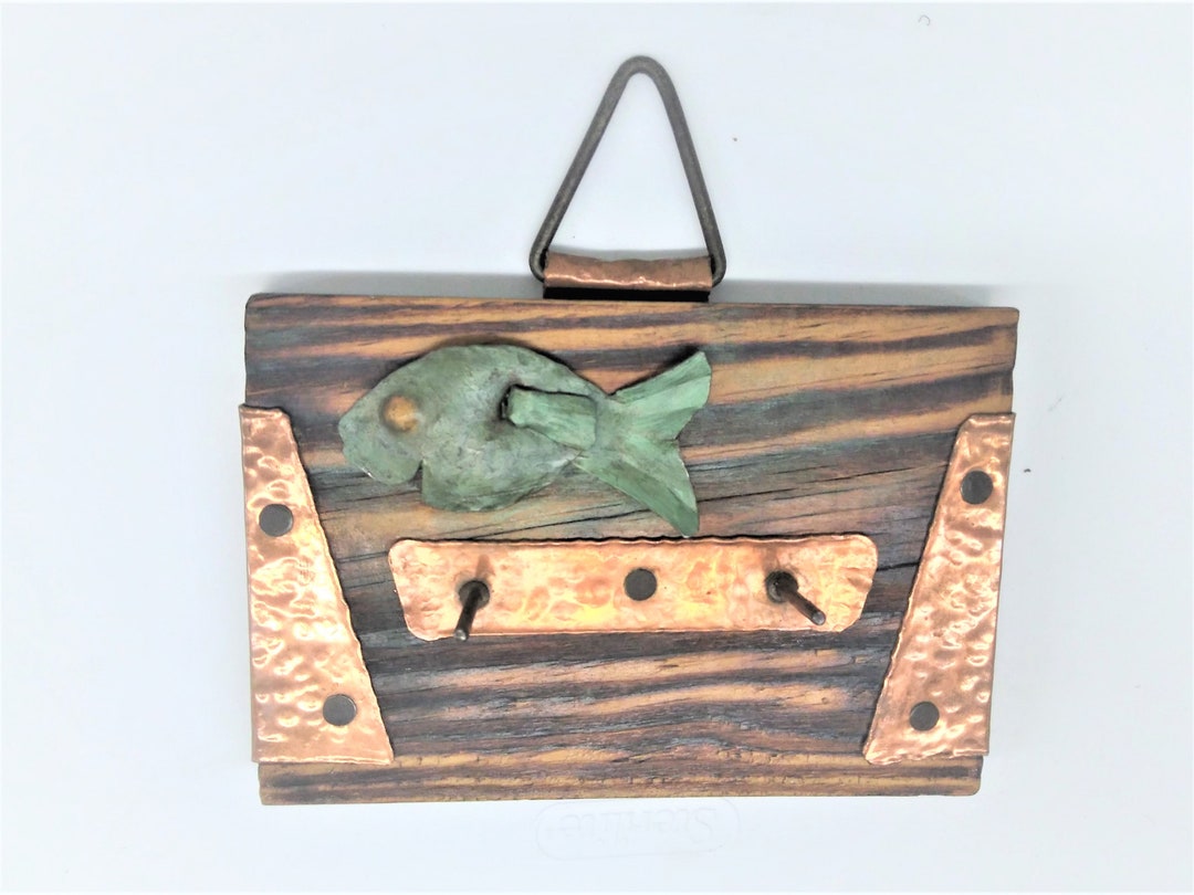 Vintage Wood Key Rack With Copper Patina Fish and Hooks, Fish Key ...