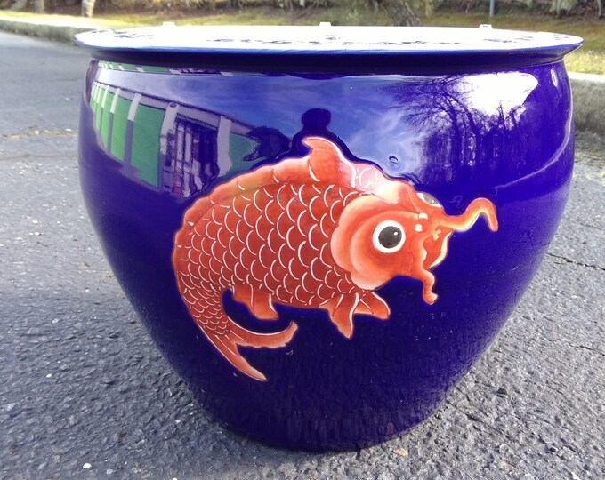 Cobalt Blue Planter Fish Bowl With Orange Koi Fish Planter, Chinese ...