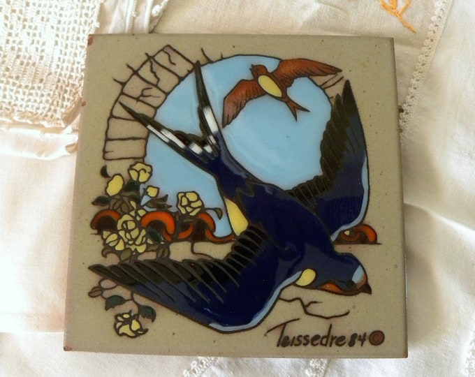 Blue Bird Tile by Artist Cleo Teissedre 1980s, Ceramic Clay Art Tile ...