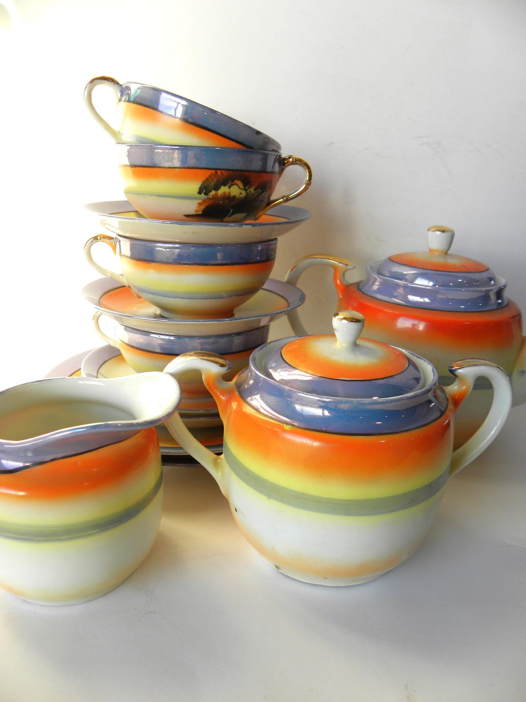 Vintage Takito Lusterware Tea Set: Swan Lake Sunset Scene, Japanese ...