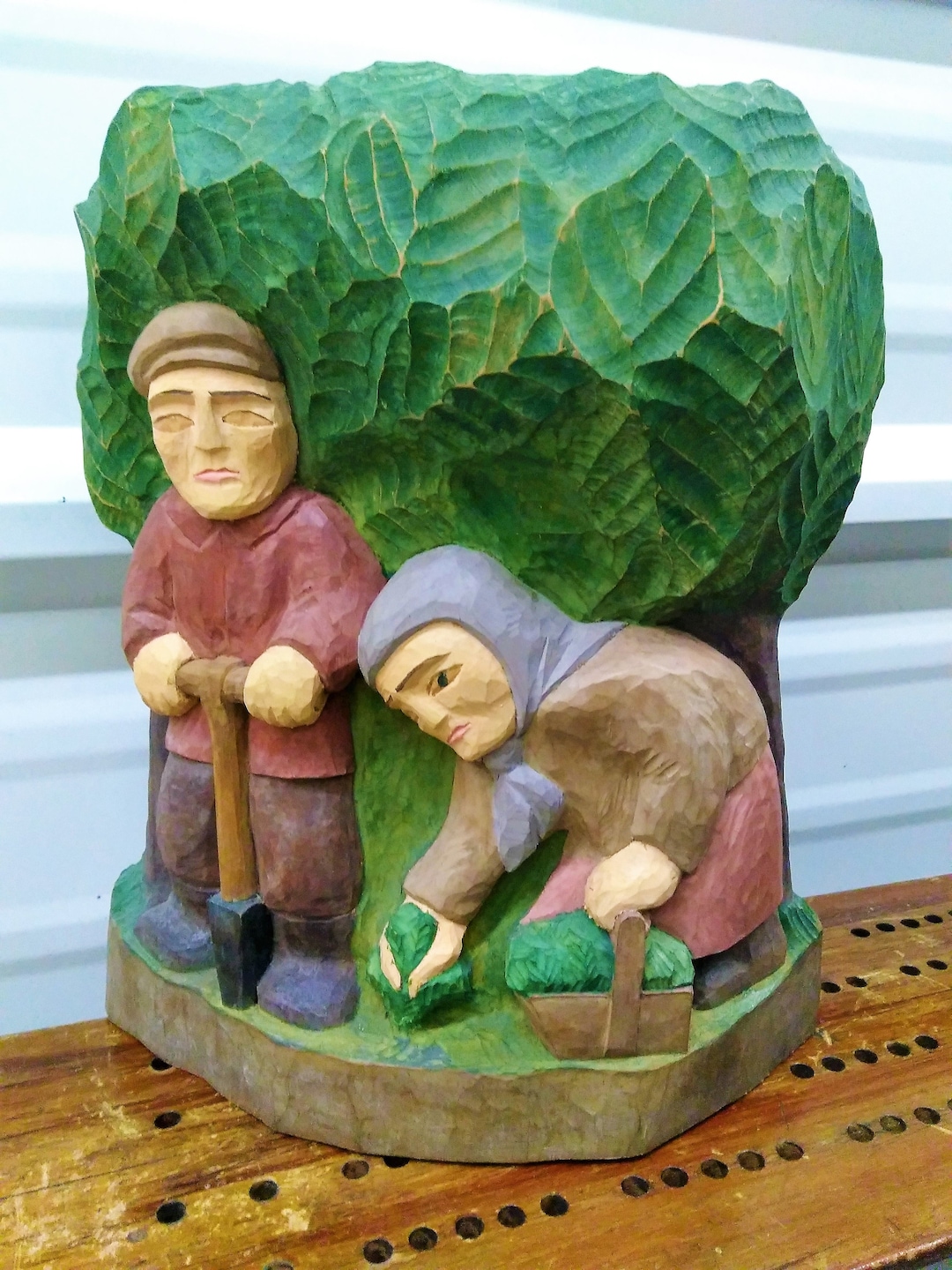 Folk Art Nature Tree Wood Block Sculpture, Seed Time and Harvest Scene ...