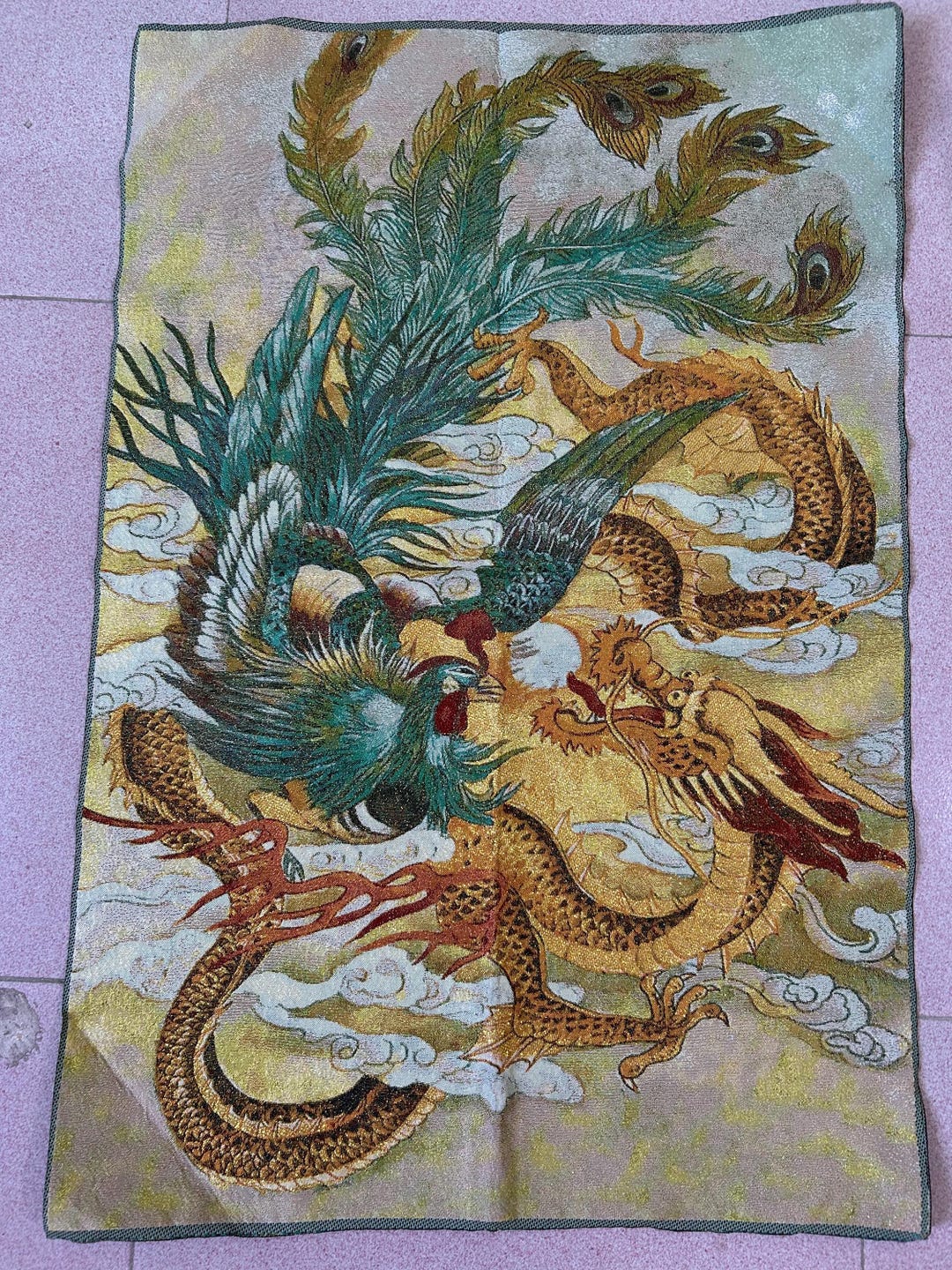 Rare Thangka Painting Dragon and Phoenix Living Room Chinoiserie ...
