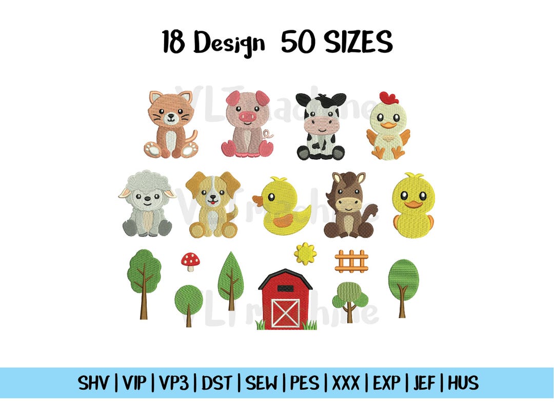 Set Mini Farm Animals Embroidery, Mini Baby Animals Embroidery Design ...