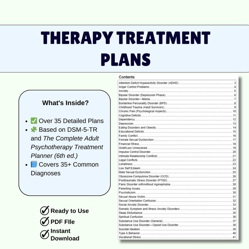 Therapy Treatment Plan Template: DSM-5 Goals, Objectives (PDF Download) - Etsy