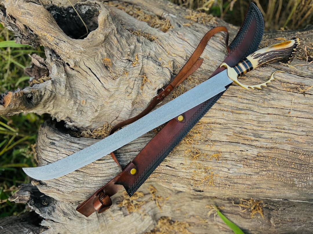 Handmade Damascus Steel Curve Sword: Stag Handle, Leather Sheath - Etsy