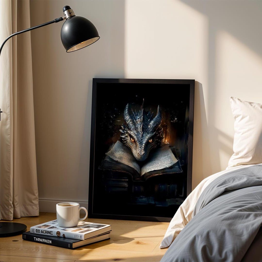 Large Book Dragon Art Print | Fantasy Wall Decor | Dark Academia Dragon ...