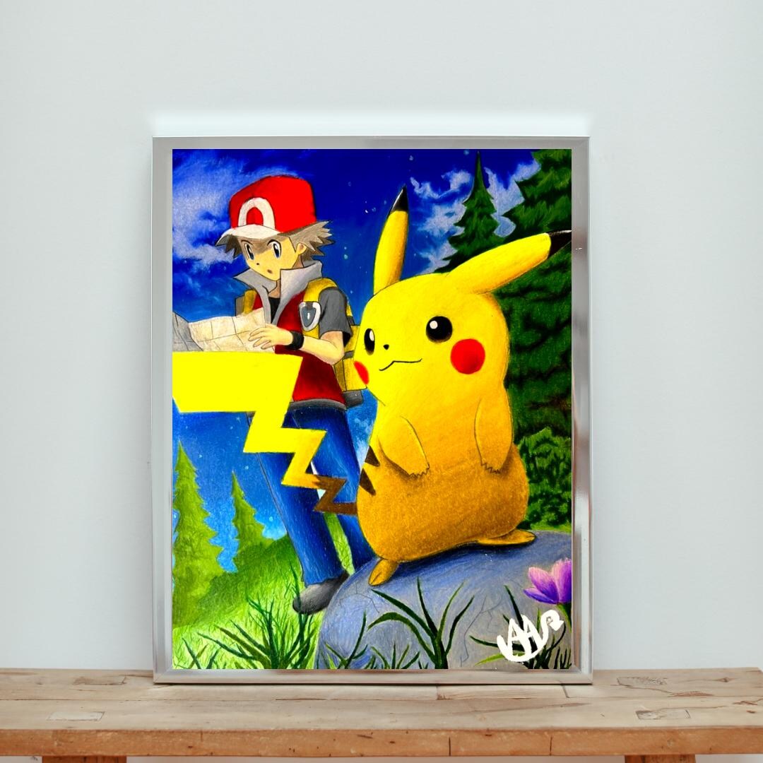 Pikachu and Red Art, Pokémon, Pikachu Art Print, Gift for Pikachu Fans ...