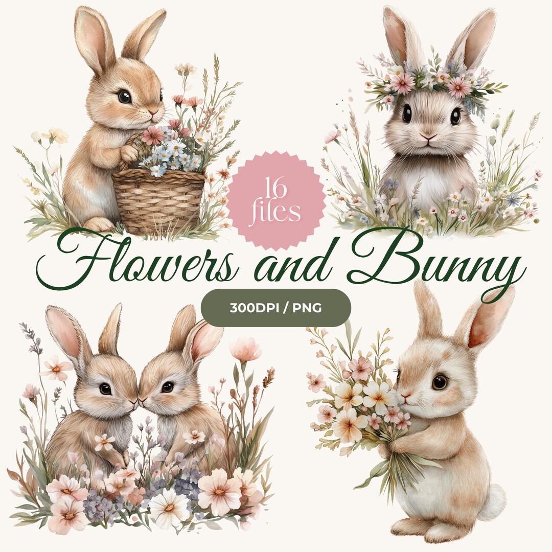 Watercolor Floral Bunny Clipart - Spring Clipart for Nursery Easter ...