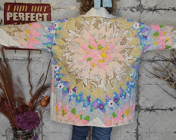 Kreolka Star Quilt Oversized Chore Jacket, Handmade From Vintage Quilt ...