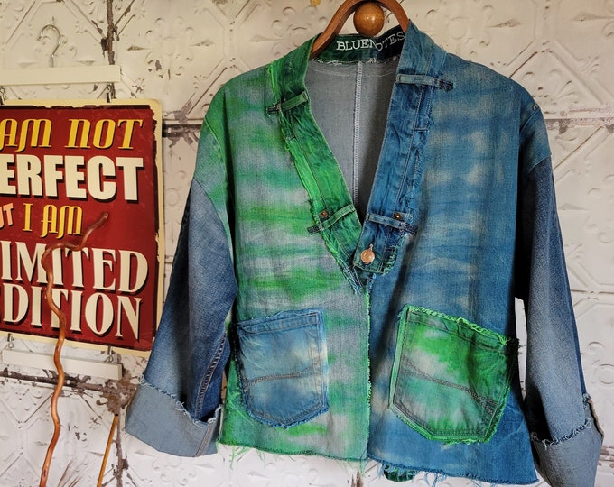 Kreolka Patchwork Denim Jacket, Cropped Kimono Style, Tattered and Frayed, Distressed, Handmade ...