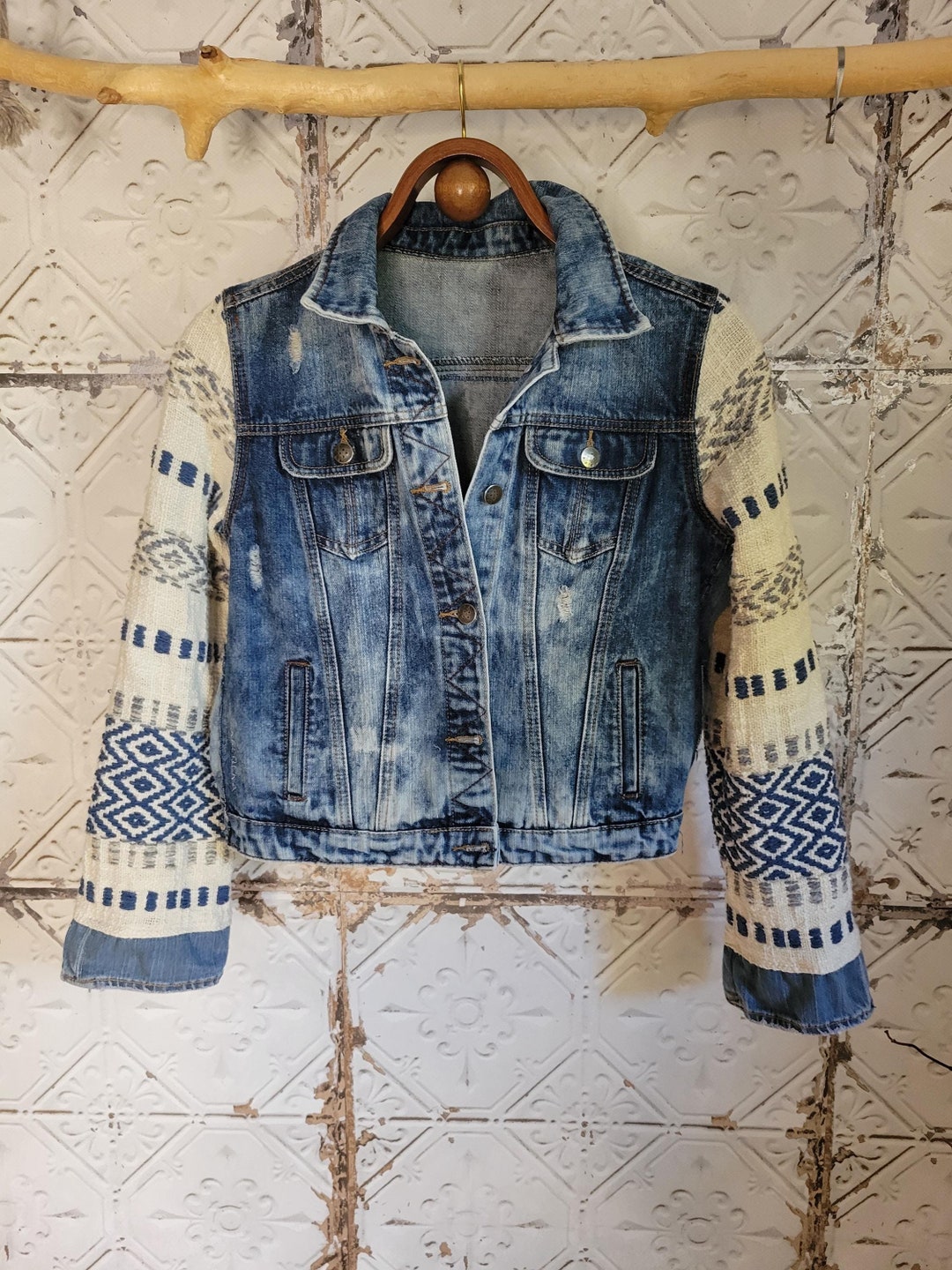 Kreolka Up-cycled Denim Jacket, Mixed Textiles, Acid Wash, Re-worked ...